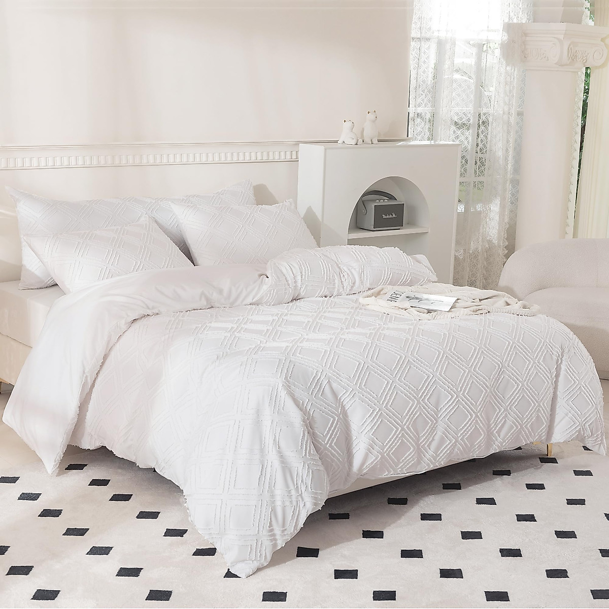 JELLYMONI Bright White Duvet Cover King Size - 3PCS Microfiber Tufted Duvet Cover Set, Boho Textured Duvet Cover Jacquard Rhombus Geometric Pattern Duvet Cover with Corner Ties & Zipper Closure