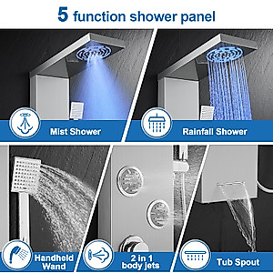 OUGOO Shower Panel System with LED Lights Rainfall Mist Shower, Body Jets, Handheld and Tub Spout, Shower Tower Column with Temp Display No Battery Needed, 304 Stainless Steel Brushed