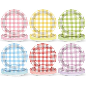 60PCS Gingham Plates Colorful Pastel Tableware Set Pink Yellow Purple Green Blue Red Checkered 7" Dinnerware for Gingham Party Decorations Camp Bachelorette Baby Bridal Shower Birthday Party Supplies