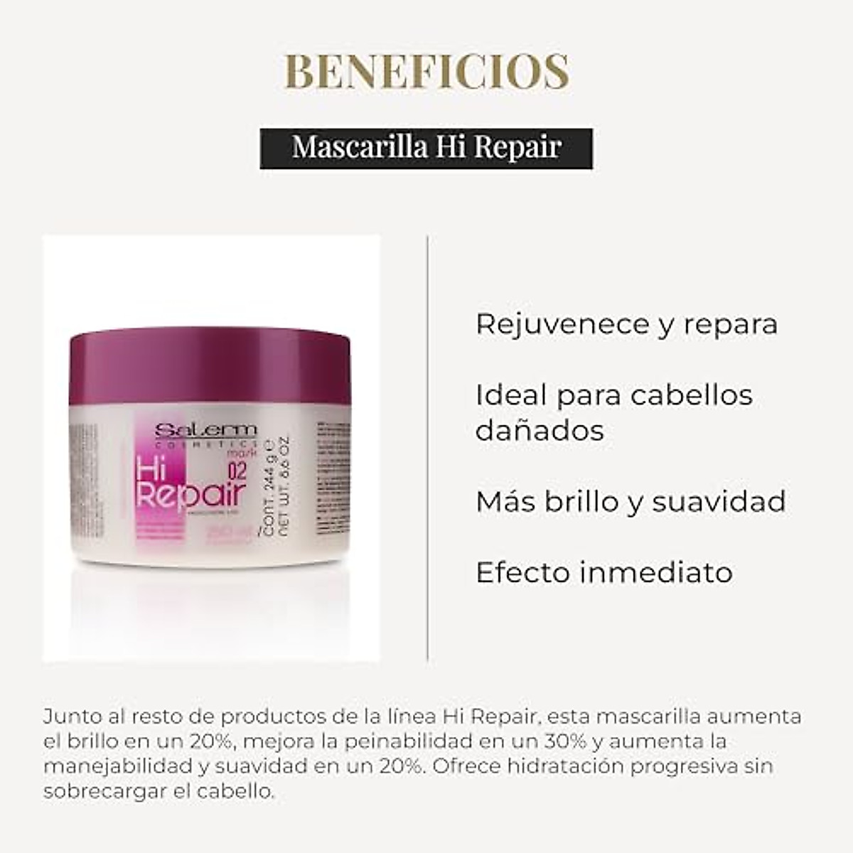 Salerm - Repairing Hair Mask - Hi Repair Mask 02-250 ml - Deep Hydration for Damaged Hair - Repairs and Rejuvenates - Shinier and Softer Hair - Immediate Effect