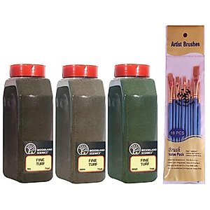 Make Your Day Bundle, Woodland Scenics Fine Turf Bundle, T1341 Soil, T1342 Earth, and T1346 Weeds Blend (Pack of 3) - Includes Pack of MYD Paintbrushes