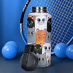 Greenieey Colorful Cats Insulated Water Bottle with Straw for Sports and Travel,Stainless Steel Thermos Flask for Adults＆Kids White 1000ml (32oz)