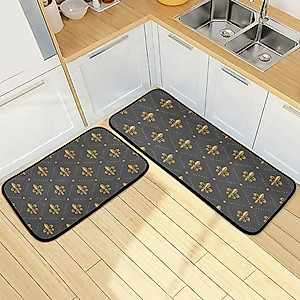 Gold Fleur De Lis Kitchen Mats Kitchen Rugs Runner Laundry Rug Non Slip Floor Door Mats Soft Doormats Carpet Home Decor Set of 2