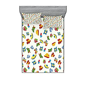 Ambesonne Plane Fitted Sheet & Pillow Sham Set, Airplane Boat Ship Helicopter Submarine Car Truck Van Boys Cartoon Transportation, Decorative Printed 6 Piece Bedding Decor Set, King, Multicolor