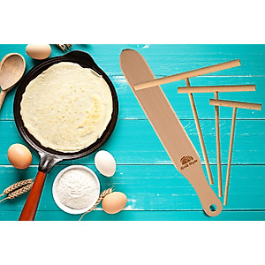 Crepe Spreader and Spatula Kit, 3.5 Inch, 5 Inch, 7 Inch T-Shaped Batter Spreaders & 13.4 Inch Spatula Turner, Pancake Tool, Natural Wood Material Crepes Sticks Fit Any Crepe Pan Maker, Pack of 4