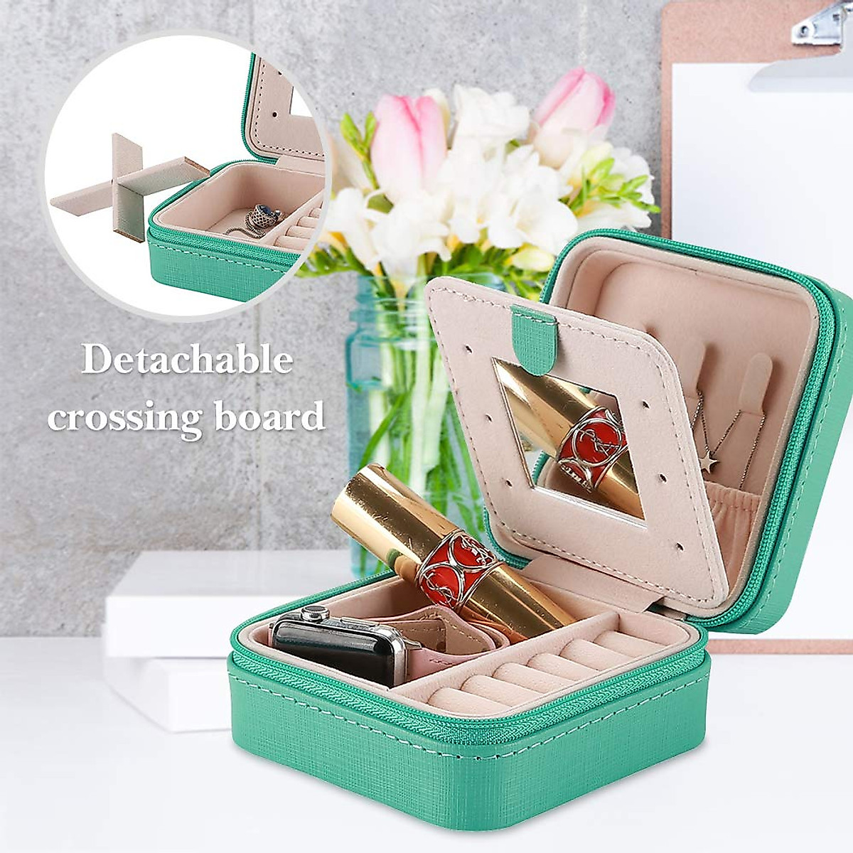 ProCase Small Jewelry Organizer Box for Travel, Portable Mini Jewelry Travel Case with Zipper Mirror for Rings Necklaces Bracelets Earrings, Gift for Women Girl -Teal