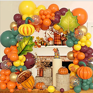 Ouddy Life 196 Pcs Fall Balloons Arch Garland Kit, Fall Party Decorations Orange Green Yellow Burgundy Maple Leaves Pinecone for Autumn Friendsgiving Thanksgiving Little Pumpkin Baby Shower Decor