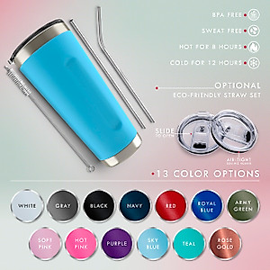 Personalized Tumbler with Engraved Name - 12 Designs, 20 Oz Coffee Tumbler with Slider Lid, Sky Blue, Double Wall Insulated - Custom Gifts for Women