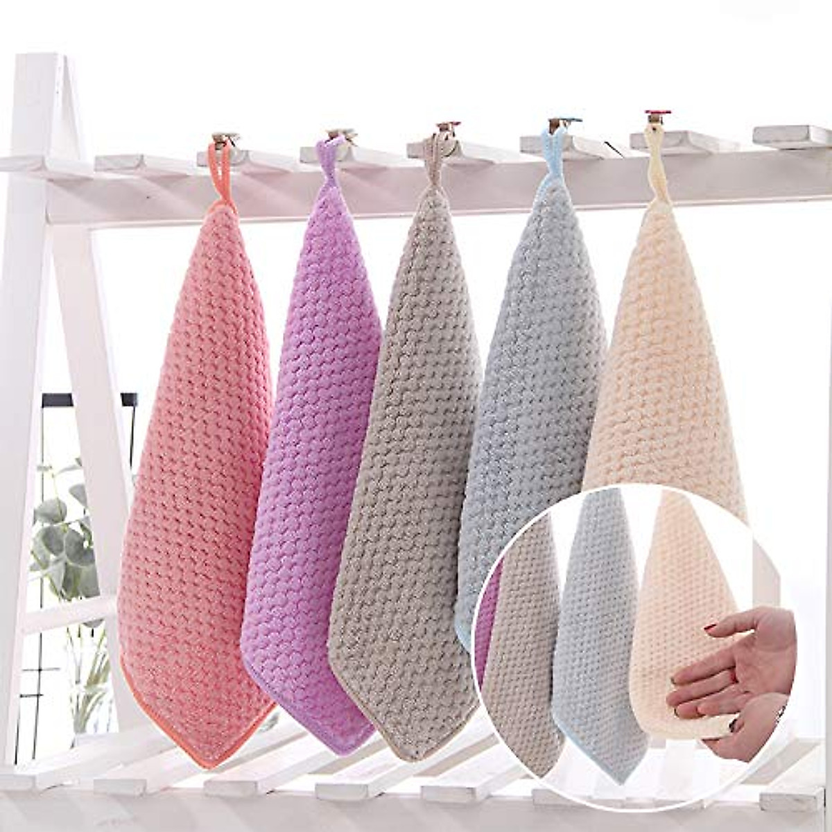 Onlup Hanging Hand Towels，Hand Dry Towels for Kitchen & Bathroom, Super Absorbent Soft Small Hanging Towel Set with Hanging Loop, Machine Washable Towel Fast Drying, Set of 5