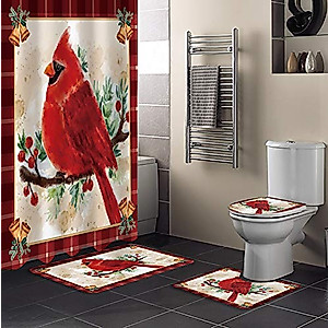 OneHoney 4 Piece Christmas Shower Curtain Sets with Non-Slip Rugs, Watercolor Cardinal Berry Bathroom Waterproof Curtains, Poinsettia Flower Doormat, Toilet Lid Cover and Bath Mat