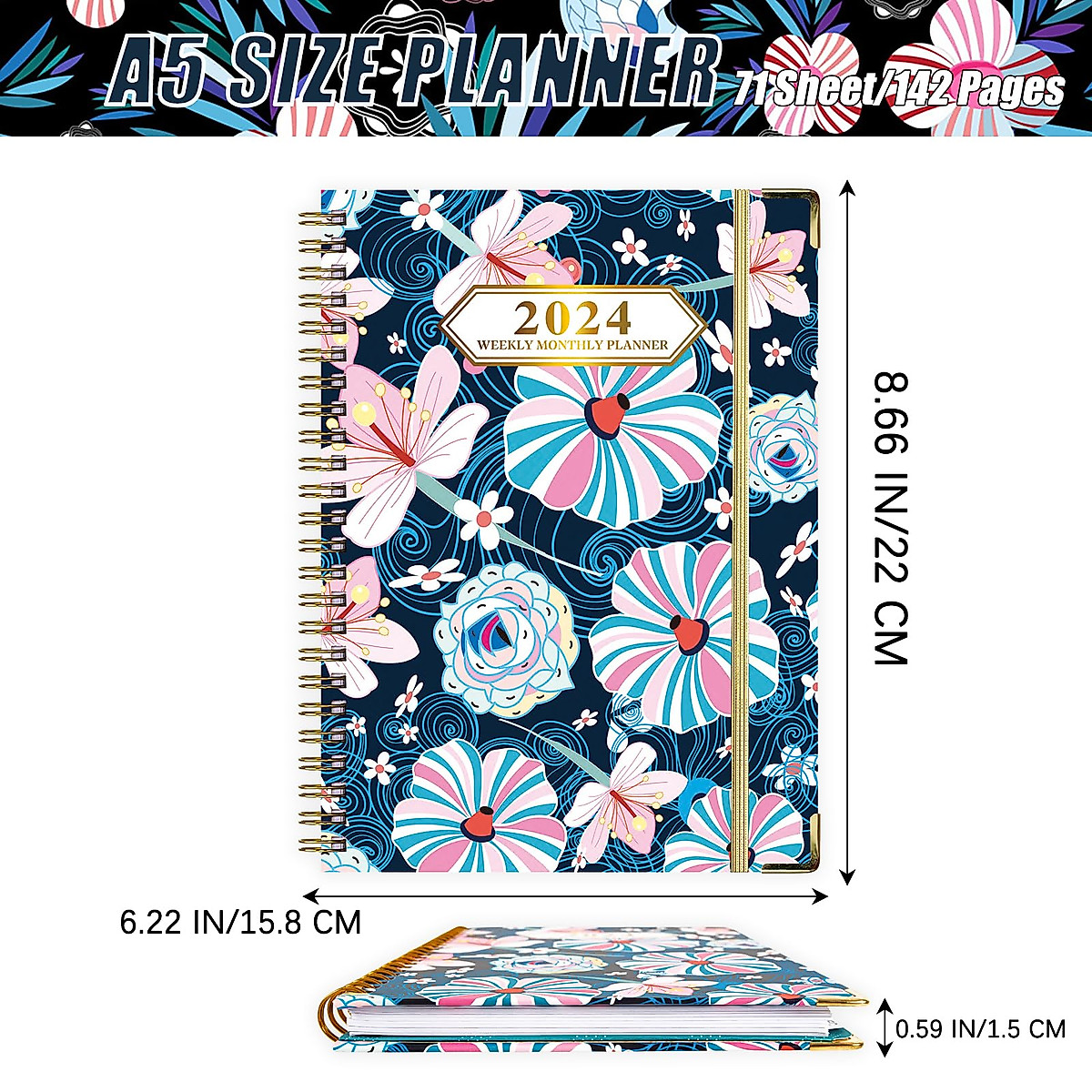 2024 Daily Planner with Stickers - 8.66"×6.2" January 2024 - December 2024 Happy Planners with Tabs, Twin Wire Spiral Binding Thick Paper Weekly and Monthly Academic Agenda Daily Notebook Pattern L