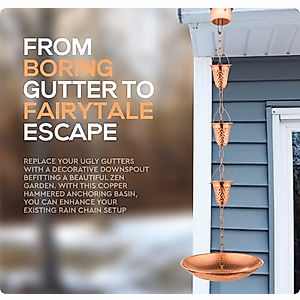 Marrgon Copper Anchoring Basin – Hammered Metal Bowl for Rain Chain Downspout Gutters – Beautiful Decorative Fountain Dish Display for Outdoor Garden, Lawn & Patio Water Feature – 11” Wide x 2” High