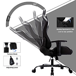 Reclining Gaming Chair - Adjustable Back Angle and Arms High Back PU Leather E-Sports Racing Gamer PC Computer Desk Swivel Office Chair - Grey