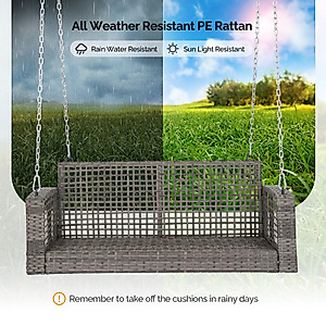 VINGLI 4 FT Rattan Porch Swing Outdoor Support 800 LBS with Cushions & Adjustable Chains, Patio Wicker Swing Bench Chair for Garden, Yard, Lawn, Tree, Grey