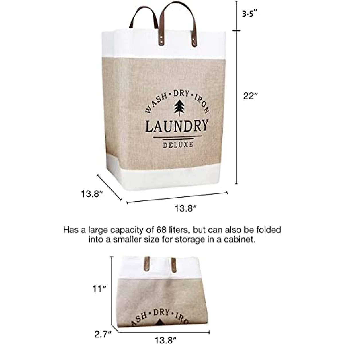 AMZTOP Linen Clothes Hamper Patchwork Collapsible Laundry Basket with Leather Handles for Storage Toys and Clothing in Bedroom, Bathroom Foldable Laundry Hamper 68L