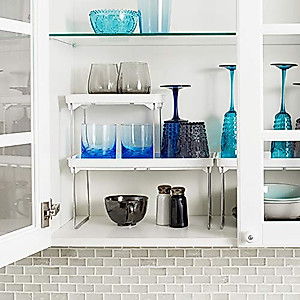 madesmart - 29070 Medium Stacking Shelf - White | CABINET COLLECTION | Organizer for Cabinet or Counter | Collapsible Legs for Storage | Non-slip Rubber Feet | BPA Free