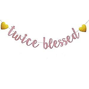 Twice Blessed Banner, Pre-Strung, No Assembly Required, Rose Gold Glitter Paper Party Decorations for Pregnancy Announcement/Gender Reveal/Twins Baby Shower Party Supplies, Letters Rose Gold,ABCpartyland
