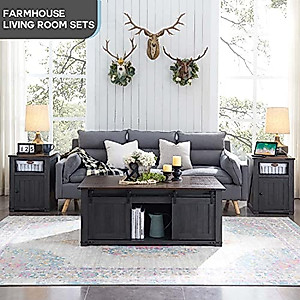 SinCiDo 48” Lift Top Coffee Table, Coffee Table with Storage & Sliding Groove Barn Door, Farmhouse Coffee Table Rustic Wood Cocktail Table w/Double Storage Spaces for Living Room, Dark Grey