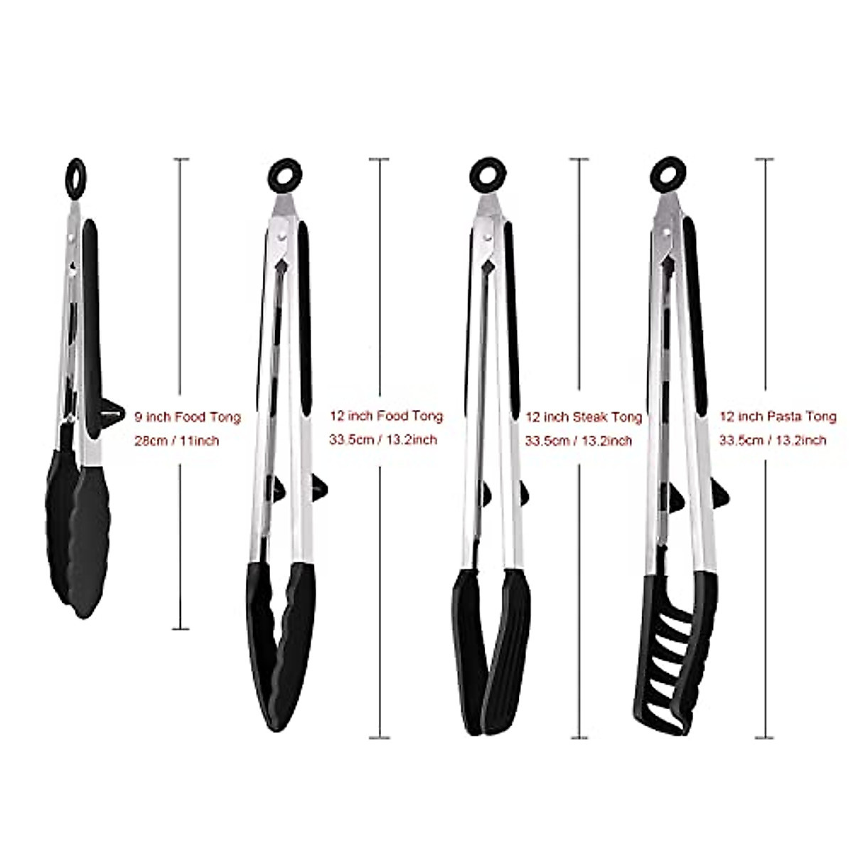 4 Pack Silicone Kitchen Cooking Tongs Set, Stainless Steel Nonstick Food Tong with BPA Free Silicone Tips for Serving Pasta Spaghetti Steak Pie Pizza Salad Vegetable Fruit Grilling BBQ Buffet 9" & 12"