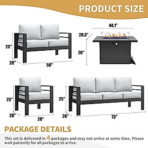 LayinSun Aluminum Furniture Set with Fire Pit Table, 5 Pieces Patio Sectional Conversation Chat Sofa Modern Seating Set