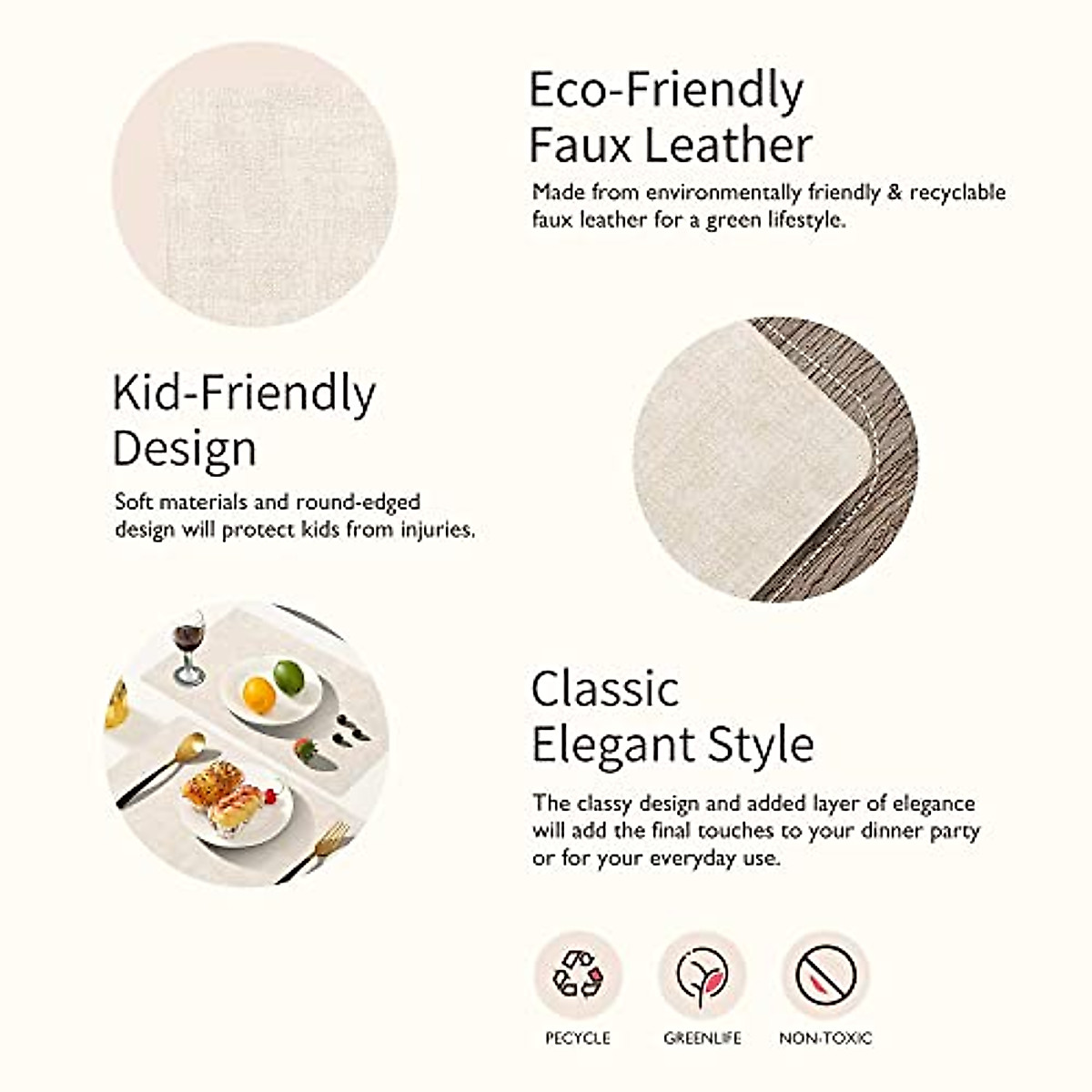 Placemats Set of 6 for Dining Table - Maxpearl Heat Resistant Faux Leather Place Mats - Wipe Clean - Suitable for Indoor & Outdoor, 17’’×12’’, Beige