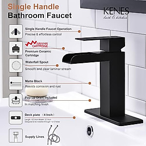 KENES Matte Black Waterfall Bathroom Faucet, Single Handle Black Bathroom Sink Faucet with Faucet Escutcheons, Pop Up Drain Stopper & Lead-Free Water Supply Lines LJ-9035-2