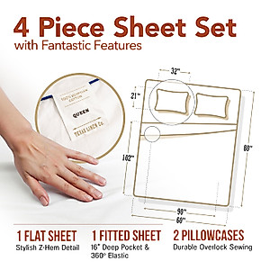 TEXAS LINEN CO. Luxury Egyptian Cotton Queen Stripe Sheet Set, 600 Thread Count Extra Long Staple 4 PC Set, Queen White Damask Sheets, Soft, Cooling Sateen Weave Sheets Upto 18 in Deep Pocket