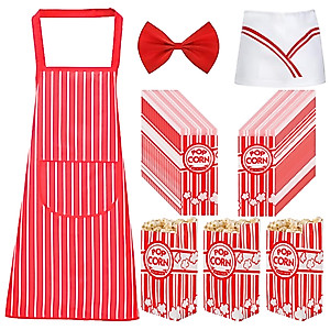 MENJITO 200 Pieces Paper Popcorn Bags and Popcorn Red White Striped Apron with Chef Hat and Bow Tie | 200 pcs Food Grade Popcorn Bags for Movie Night & Birthday Party