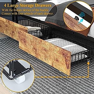 Gyfimoie Queen Bed Frame with 4 Storage Drawers, LED Bed Frame with Outlets and USB Ports, Metal Platform Bed Frame Queen Size with 3-Tier Storage Headboard, No Box Spring Needed (Queen)