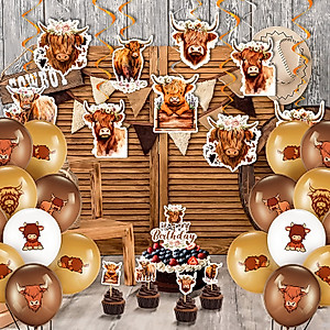 Libima 99 Pieces Highland Cow Birthday Decorations Include 25 Highland Cow Cake Toppers 50 Pcs 12 Inch Cattle Latex Balloons and 24 Highland Cow Hanging Swirls for Highland Cow Cattle Birthday Party