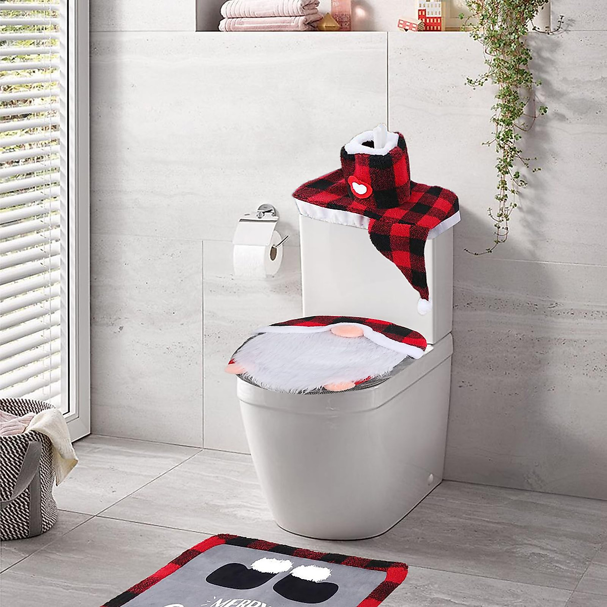 JAPIIM Christmas Toilet Seat Cover, 4pcs Christmas Bathroom Decorations, Swedish Christmas Bathroom Decor, Black Red Plaid Xcmas Decorations, Gnome Toilet Tank Cover for Christmas Bathroom Decoration