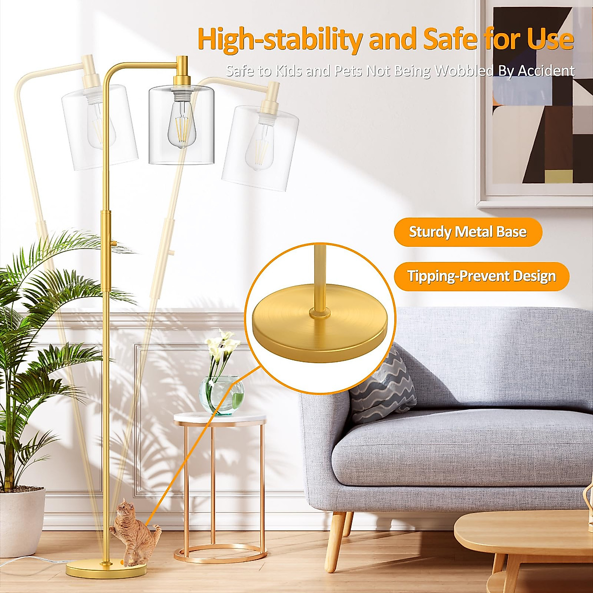 CNXIN Stepless Dimmable Floor Lamps with Glass Lampshade Modern Standing Lamps with 6W LED Bulb Bright Corner Lamp Tall Pole Lamps for Living Room Bedroom Office Study Room Farmhouse, Gold