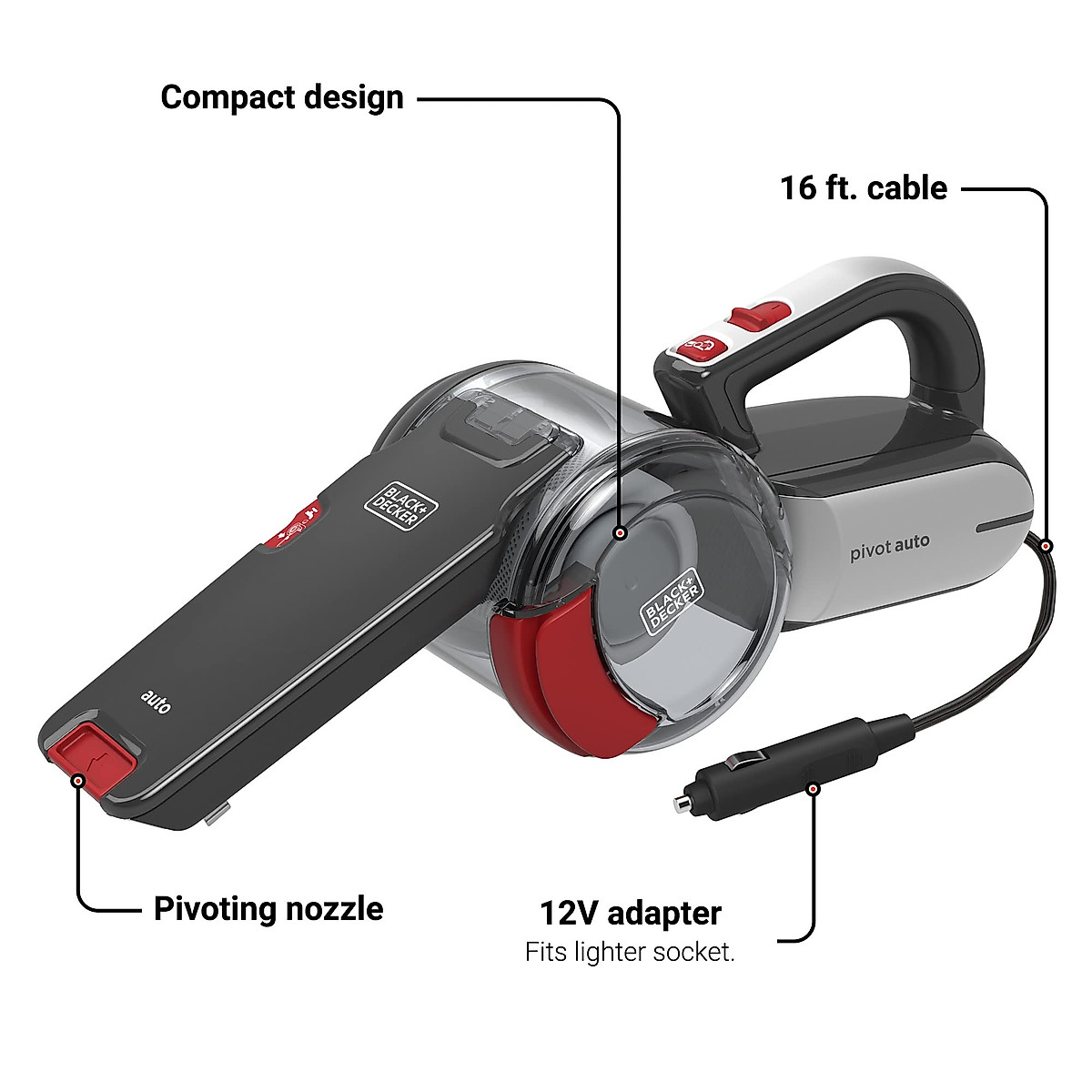 BLACK+DECKER Pivot Vac 12V DC Car Handheld Vacuum, Black (​​BDH1200PVAV)
