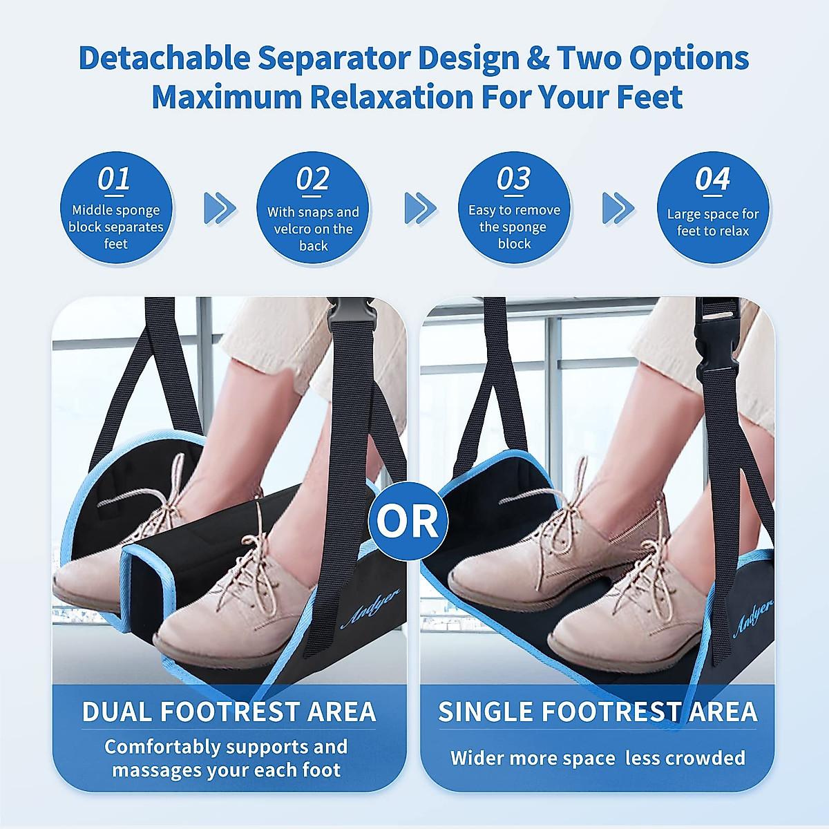 Upgraded Airplane Footrest (Memory Foam), Andyer 2 in 1 Adjustable Foot Rest for Airplane Travel Essentials, Portable Airplane Foot Hammock for Air Plane Flying Long Flight to Relax Your Feet and Leg