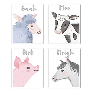 Sweet Jojo Designs Farm Animals Wall Art Prints Room Decor for Baby, Nursery, and Kids - Set of 4 - Watercolor Farmhouse Horse Cow Sheep Pig