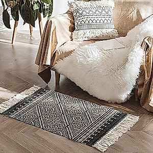 Seavish Cotton Printed Rug 2'W x 3'L Decorative Black and Cream Diamond Symmetry Kilim Small Area Rug Hand Woven Rug for Entryway Thin Throw Rugs for Laundry Room Living Room Dorm