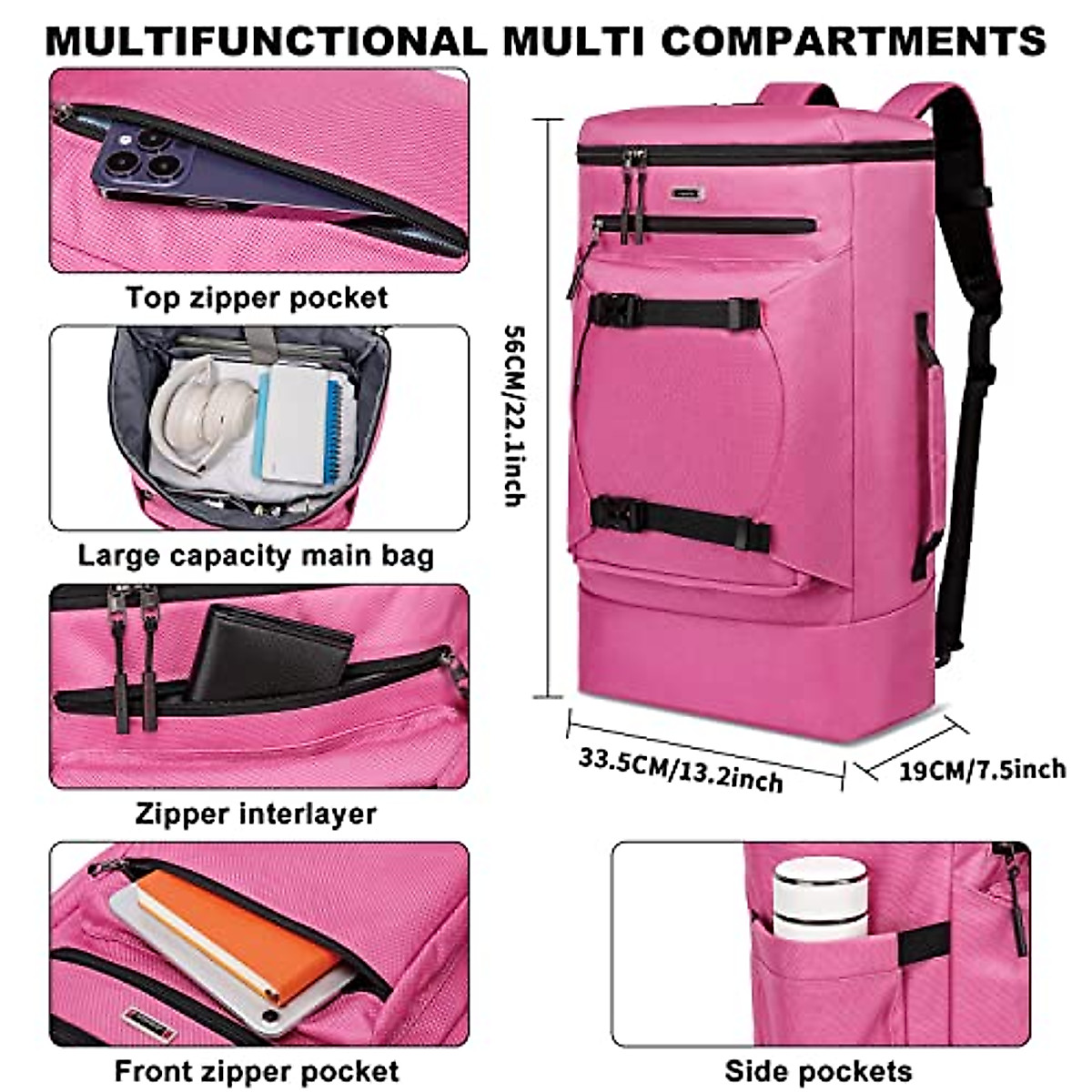 Asenlin Travel Backpack for Women Men，40L Extra Large Hiking Backpack，18 Inch Carry on Backpack Water Resistant for Casual Daypack Gym Backpack-Pink