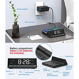 Alarm Clock for Heavy Sleepers Adults, Teenagers, Kids - Digital Clock with Wireless Charging, Dual Alarm(7-5-2), USB Charger, Dimmable, Calendar - Simple Loud Clocks for Bedrooms Dorm