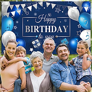 Happy Birthday Decorations Backdrop Banner, Navy Blue and Silver Birthday Party Decoration Happy Birthday Banner Sign Photo Background for Men Women Children Boys Birthday Supplies, 72.8 x 43.3 Inch