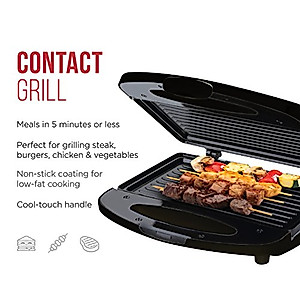 Chefman Electric Contact Grill Griddle, Indoor Dual Closed Sandwich Maker with Nonstick Plates & Cool Touch Handle, For Kitchen & Countertop, 2 Serving, Compact, Black