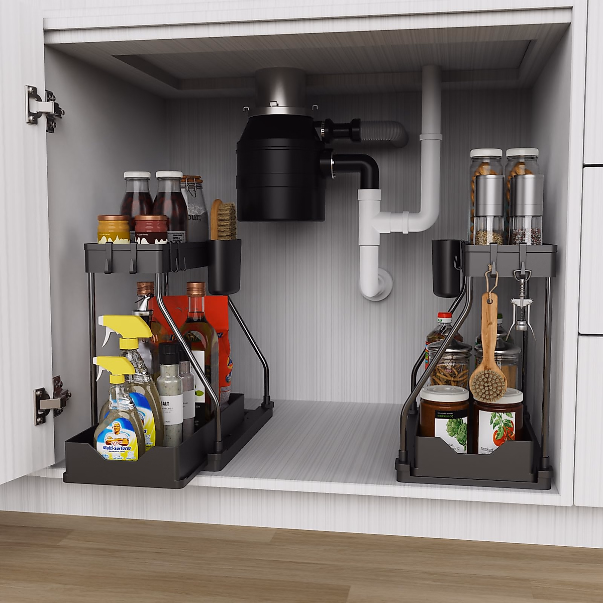 Santoy 2 Pack Under Sink Organizers and Storage, L-Shaped Pull-Out Sink Bathroom Kitchen Organizer with Hooks and Hanging Cup, 2 Tier Under Sink Cabinet Baskets Shelf with Sliding Drawers，Black