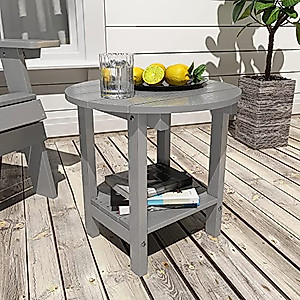 SAKSUN Round Outdoor Side Table, 18 Inch End Table 2-Tier Plastic Adirondack Tables with Storage Shelf, Weather Resistant for Patio,Garden, Porch (Grey)