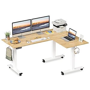 FEZIBO Triple Motor L-Shaped Electric Standing Desk, 63 Inches Height Adjustable Stand up Corner Desk, Sit Stand Workstation with Splice Board, White Frame/Natural Top