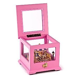 Wooden Carousel Horse Music Box Gift, Wind Up Musical Box Gift for Wife Daughter Women Sister Pink Merry Go Round Valentine Day Christmas Birthday Plays Castle in The Sky