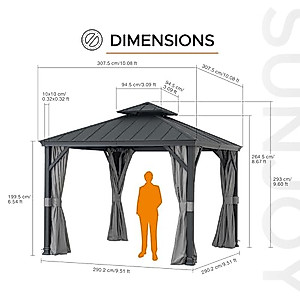 Sunjoy 10 ft. x 10 ft. Hardtop Gazebo, Outdoor Aluminum Frame, 2-Tier Steel Hardtop Backyard Gazebo with Netting, Curtain and Ceiling Hook by SummerCove