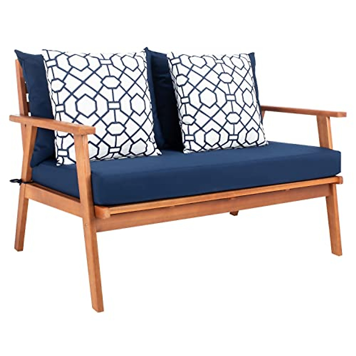 SAFAVIEH Outdoor Collection Deacon Acacia Wood Cushion 4-Piece Conversation Patio Set with Accent Pillows PAT7050E, Navy/Natural