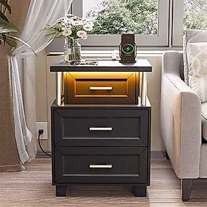 VIAGDO Black Nightstand Set of 2, LED Night Stand Set 2 with Charging Station, Modern Nightstand with 3 Drawers, Vintage Bedside Tables, End Side Table with Storage for Bedroom, Office