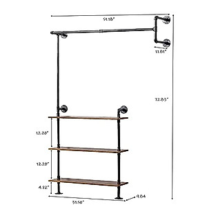 Industrial Pipe Clothing Racks with Shelves, Wall Mounted Wood Clothes Racks, Heavy Duty Iron Pipe Garment Racks for Hanging Clothes, Industrial Retro Steampunk Closet Organizer for Home Retail Store
