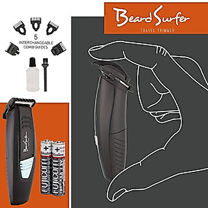 Beard Surfer Facial Hair Trimmer for Men Travel Beard Mustache Kit Compact Mini Size Shaver AAA Battery Operated Grooming Set Black Matte Color