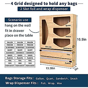 lesolar Foil and Plastic Wrap Organizer,Plastic Wrap Dispenser with Cutter and Ziplock Bag organizer,kitchen drawer organizer,Wall Mounted 6 in 1 Bamboo Ziplock Bag Storage Organizer for Gallon, Quart, Sandwich,Snack,Cling Film,Wax and Aluminum Foil